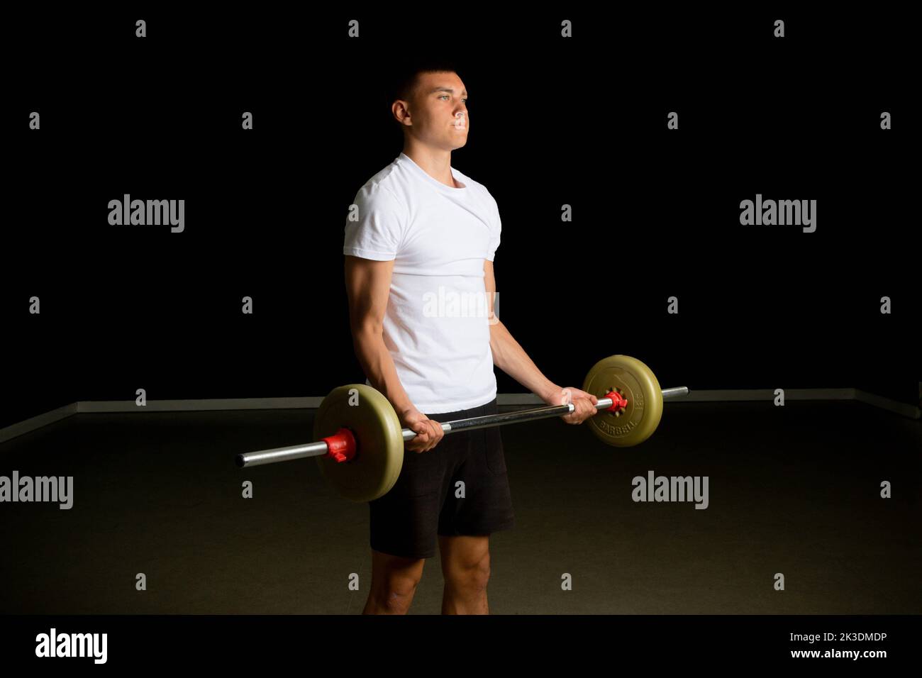 19 year old teenage boy excercising his biceps with a barbell Stock ...