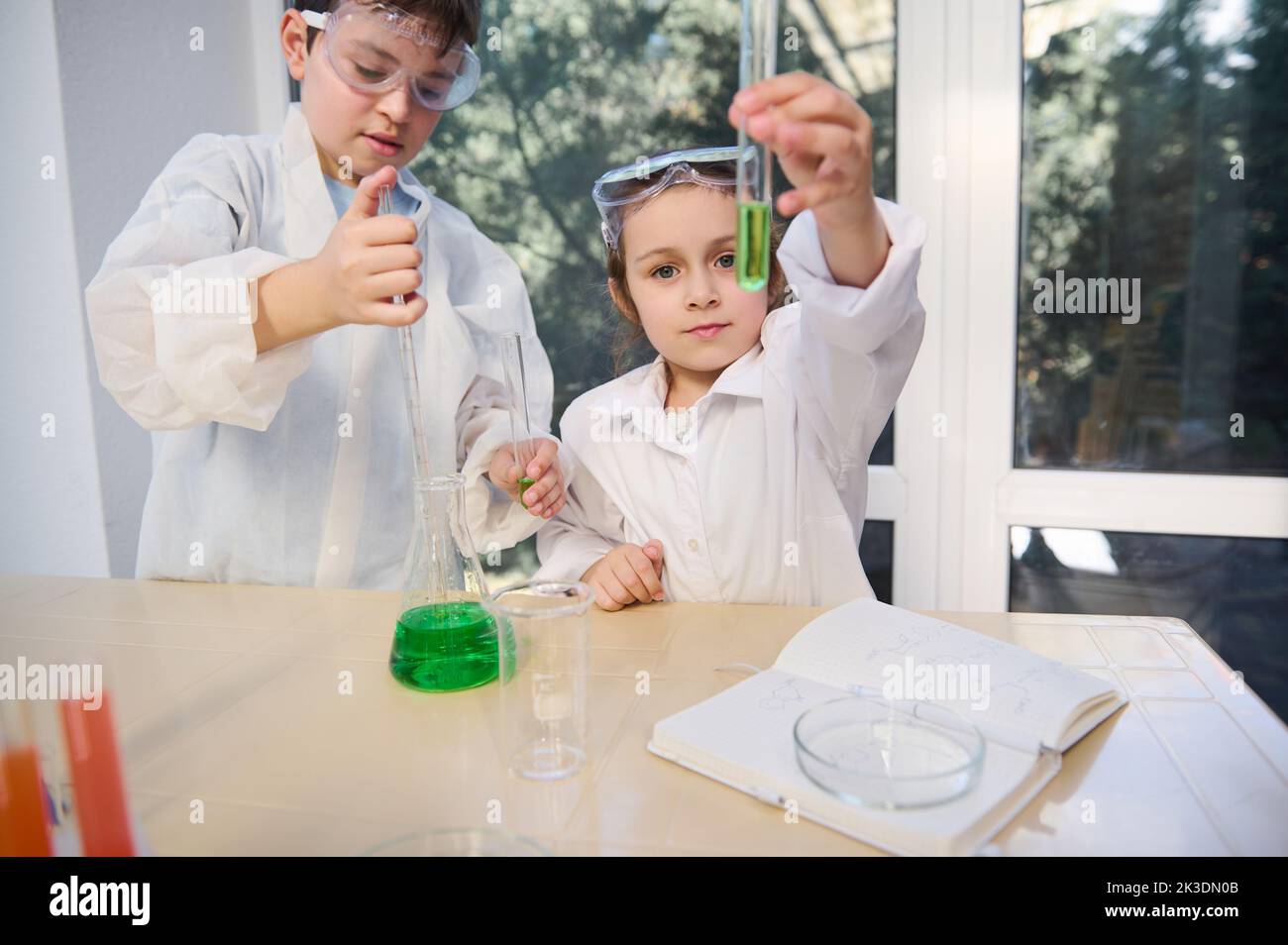 Beautiful smart Caucasian schoolchild using labware, doing chemical ...