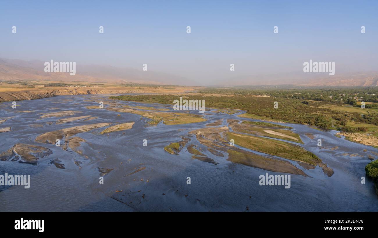 Scenic landscape panorama on Zeravshan river valley before sunset near ...