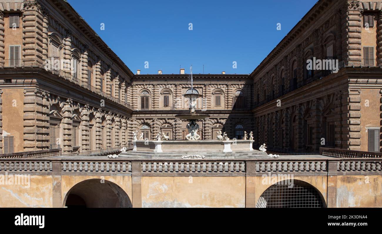 View of the majestic renaissance courtyard facades of the Pitti Palace ...