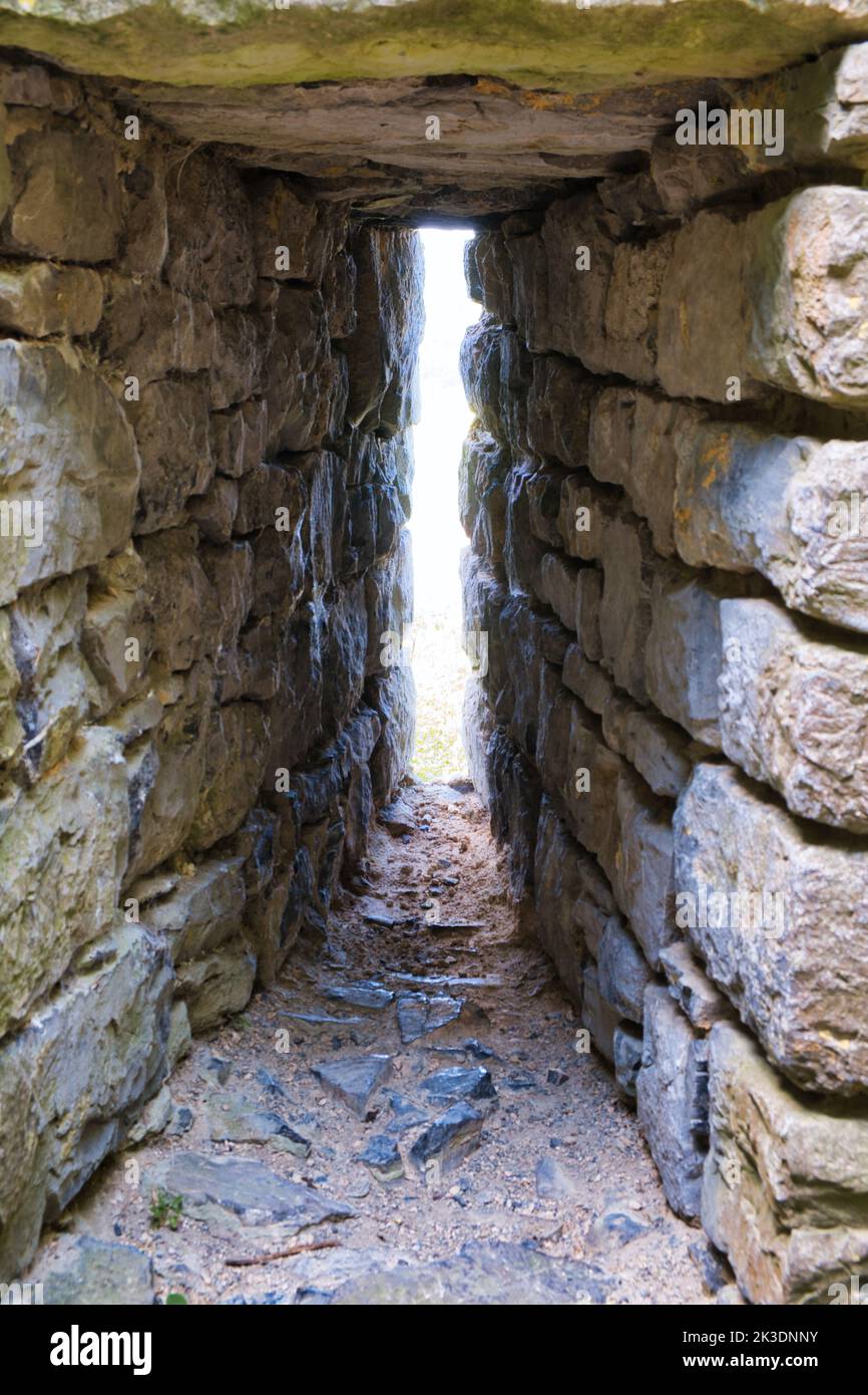 A vertical shot of brick stone walls making a narrow space with the ...