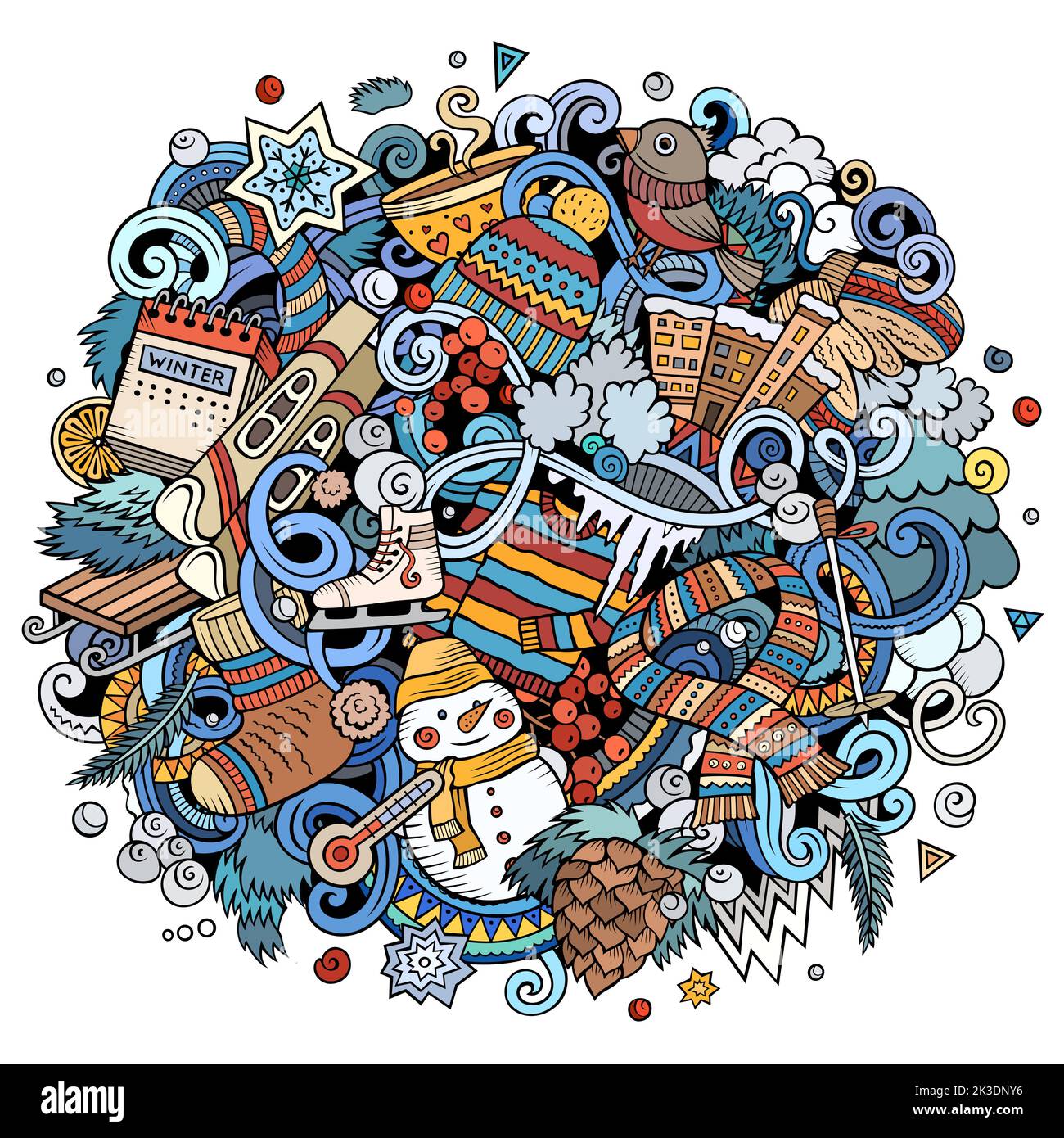 Hello Winter hand drawn doodles colorful vector illustration Stock ...