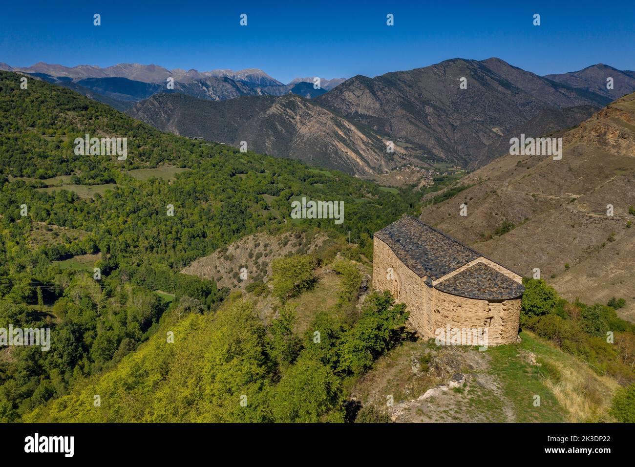 Aerial view of the hermitage of Mare de Déu de la Serra, in Farrera, in ...