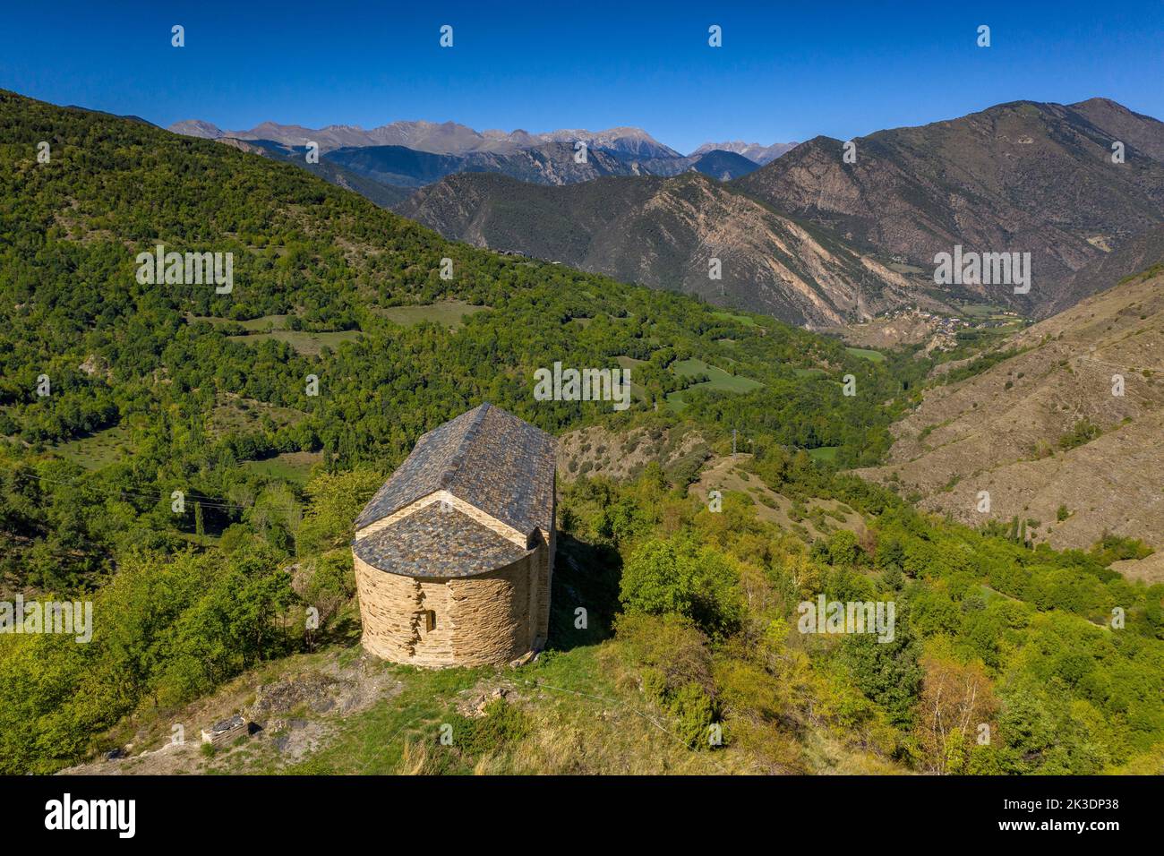 Aerial view of the hermitage of Mare de Déu de la Serra, in Farrera, in ...