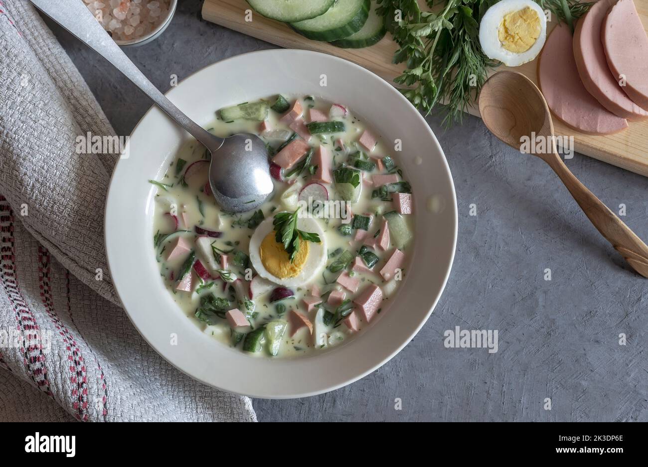 Traditional Russian cold summer soup - okroshka with fresh vegetables ...