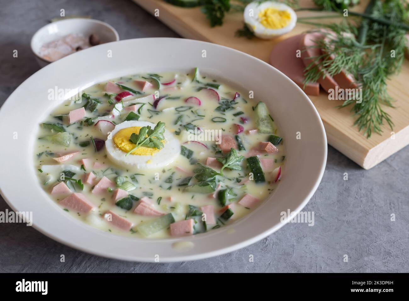 Traditional Russian cold summer soup - okroshka with fresh vegetables ...
