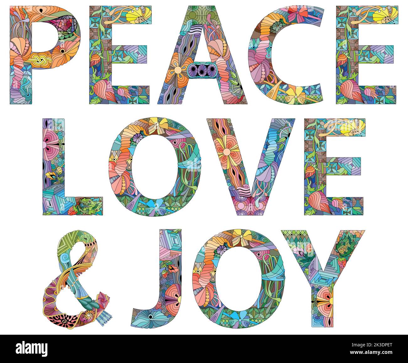 Hand-painted art design. Hand drawn illustration words PEACE LOVE and ...