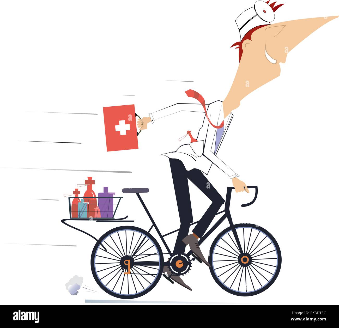Cartoon smiling doctor rides a bike illustration. Cycling funny doctor ...