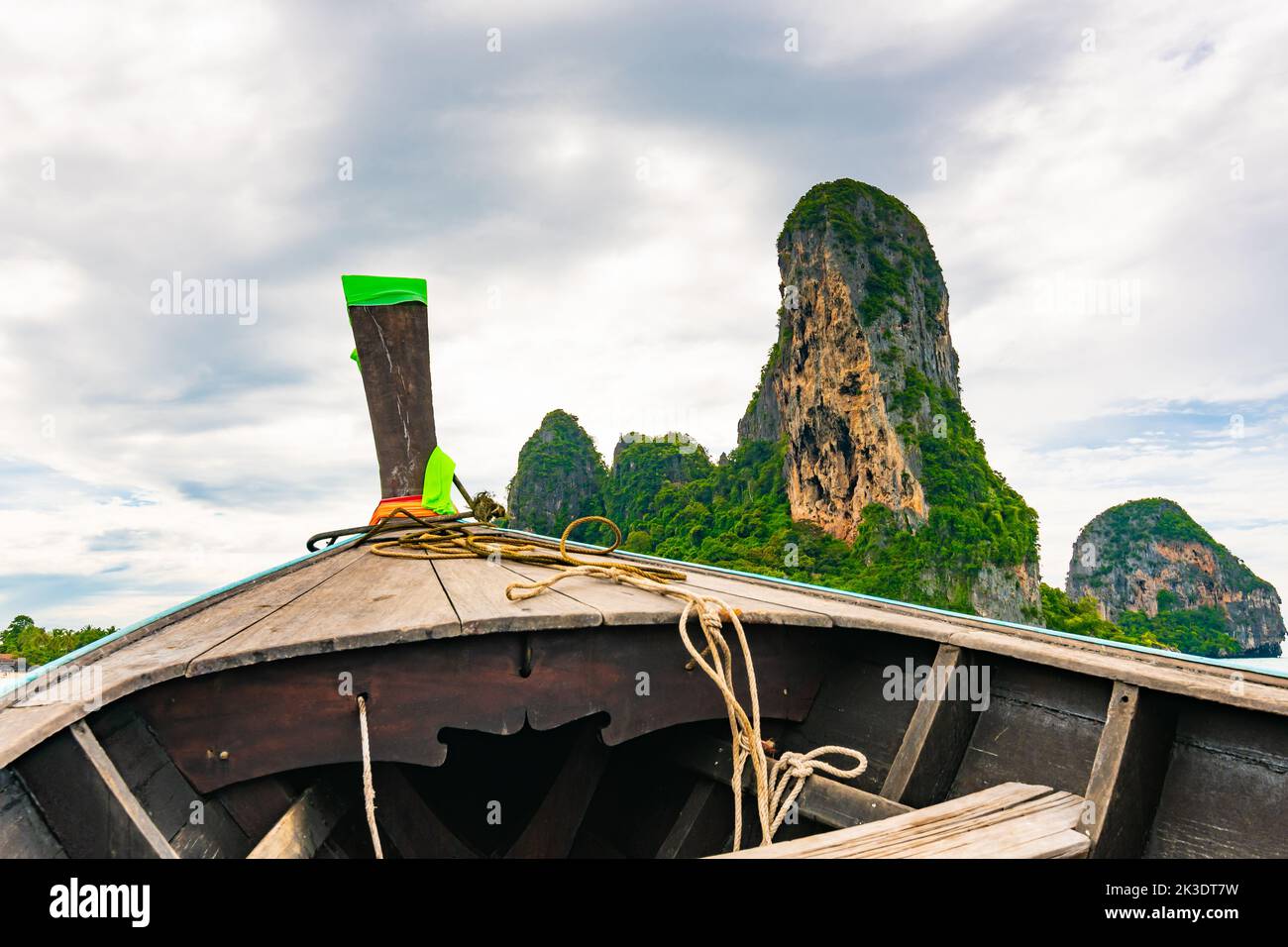 View from long tailed boat to limestone rock near Railay beach, Krabi ...