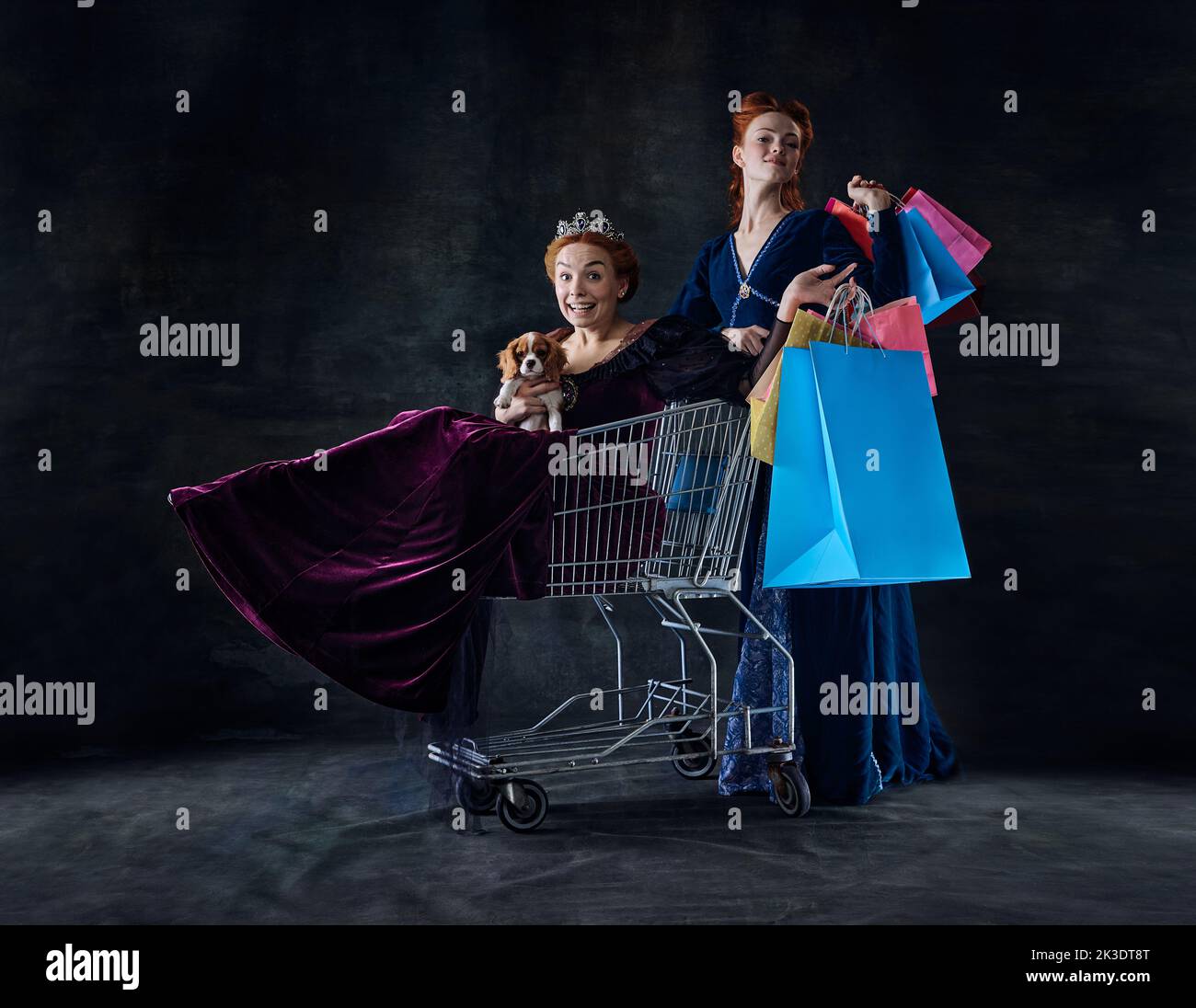 Portrait of two beautiful women, royal persons doing shopping isolated ...
