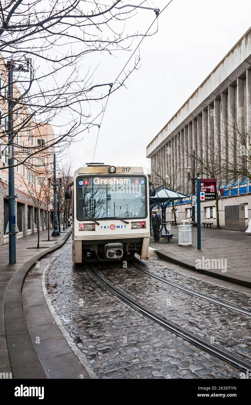 Tri-Met Max train on SW Morrison in Portland, Oregon Stock Photo - Alamy