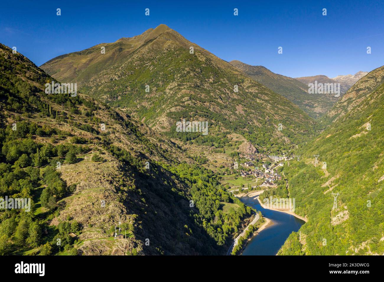 Aerial view of the reservoir and village of Tavascan, in the Cardós ...
