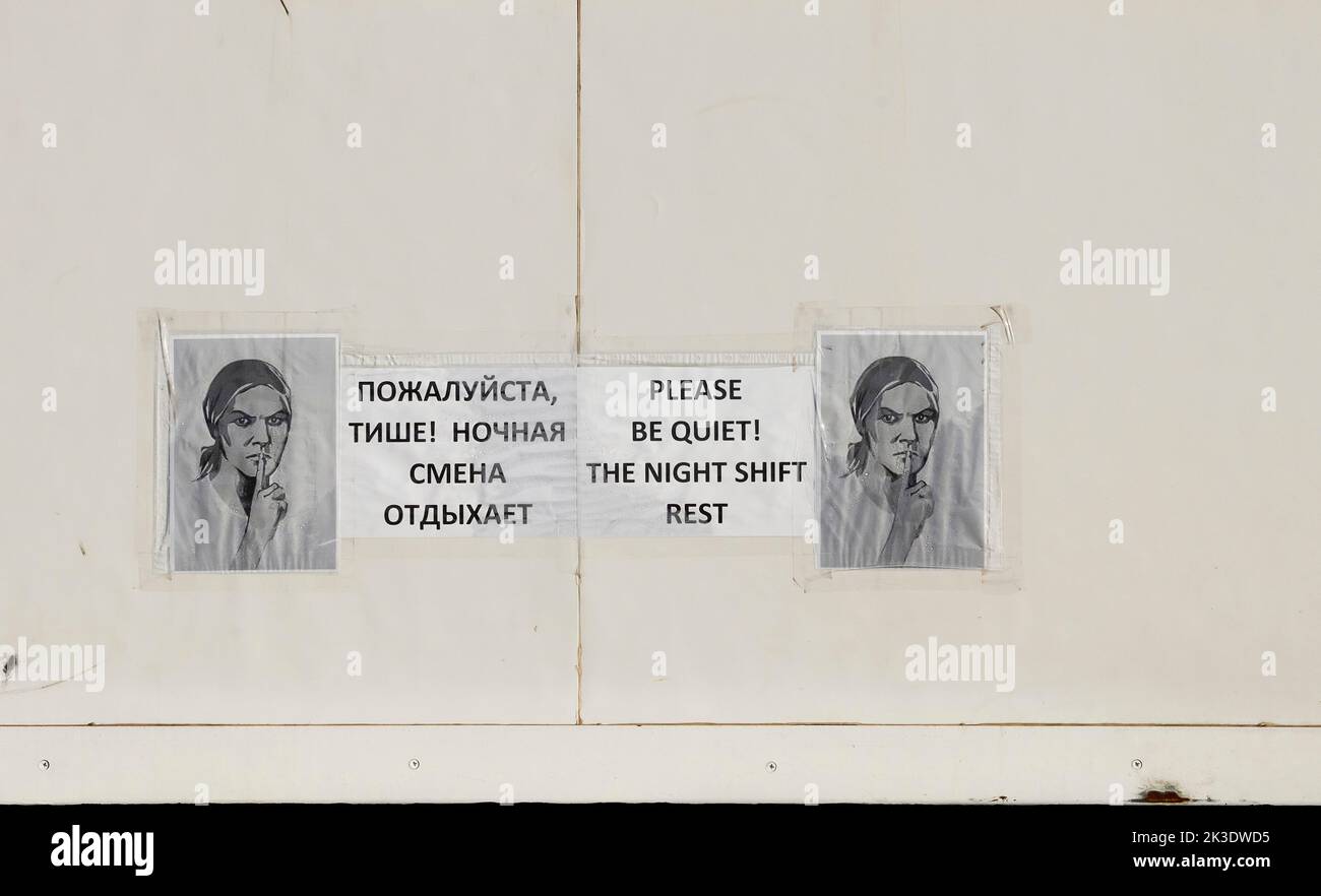 Russia, close to Samara, Sign outside living quarters for oil and gas ...