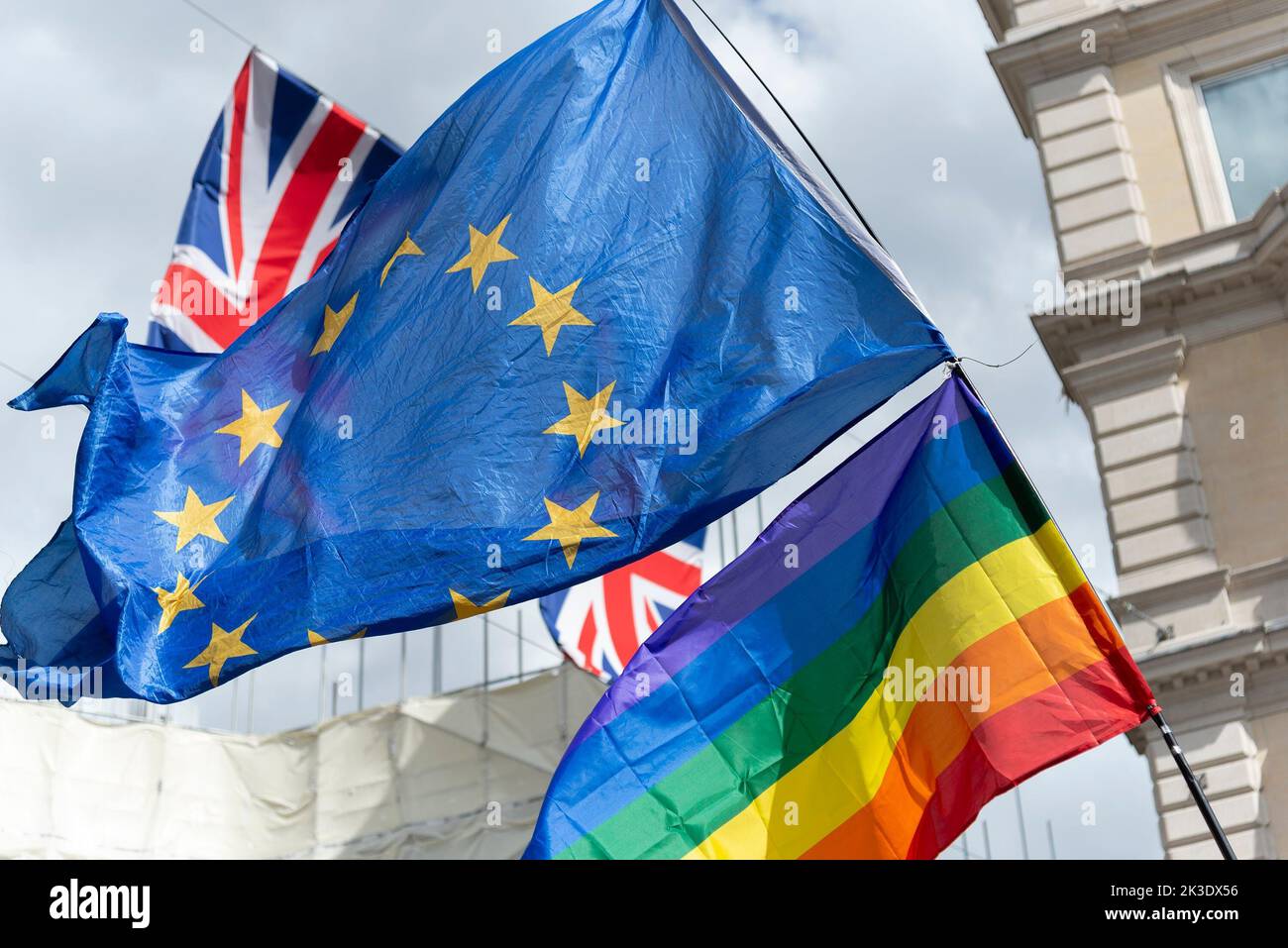 London, UK, Saturday July 2nd 2022. Union Jack, Europe and Rainbow ...