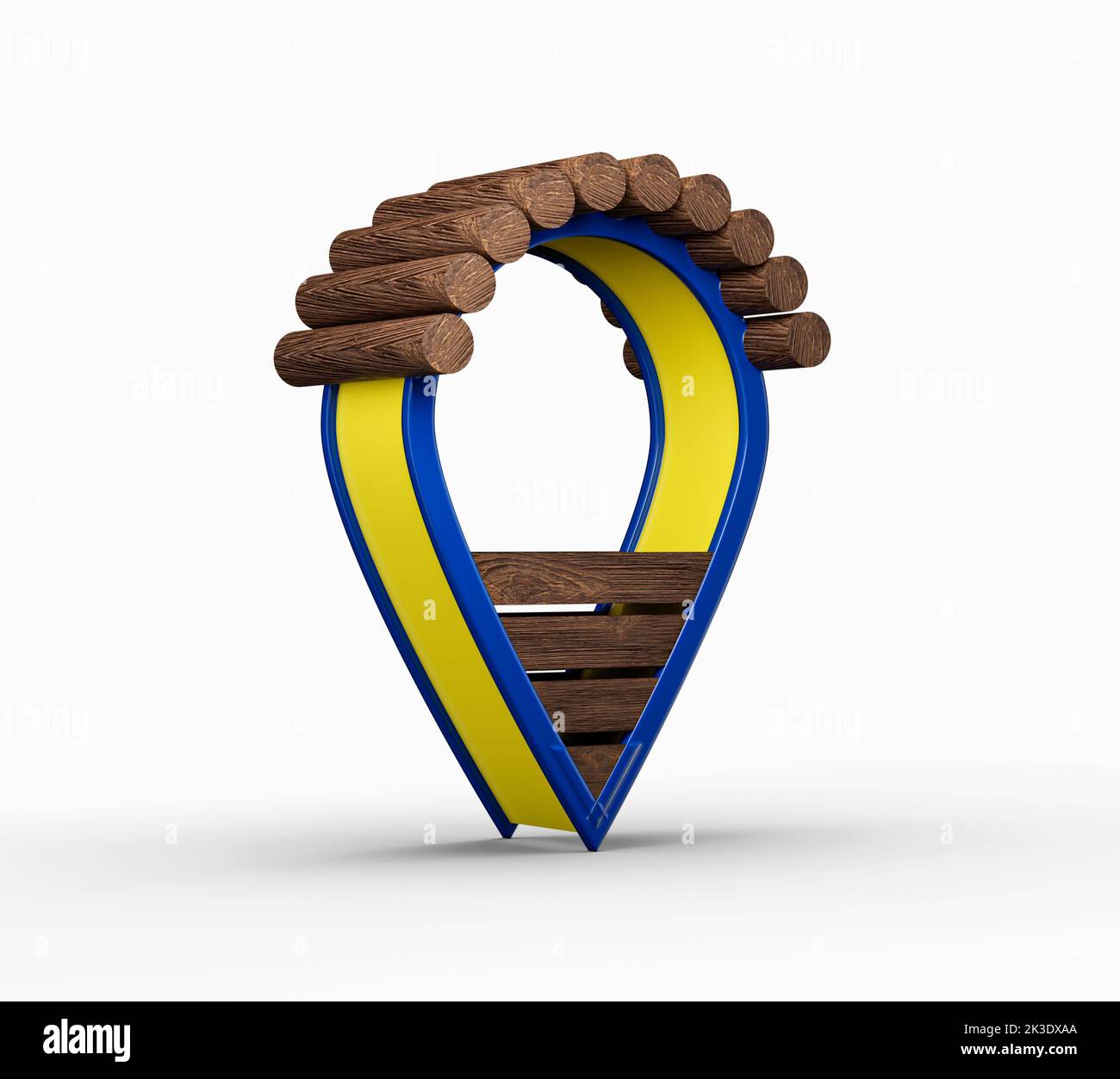 Yellow map location pointer isolated on white background with wooden ...