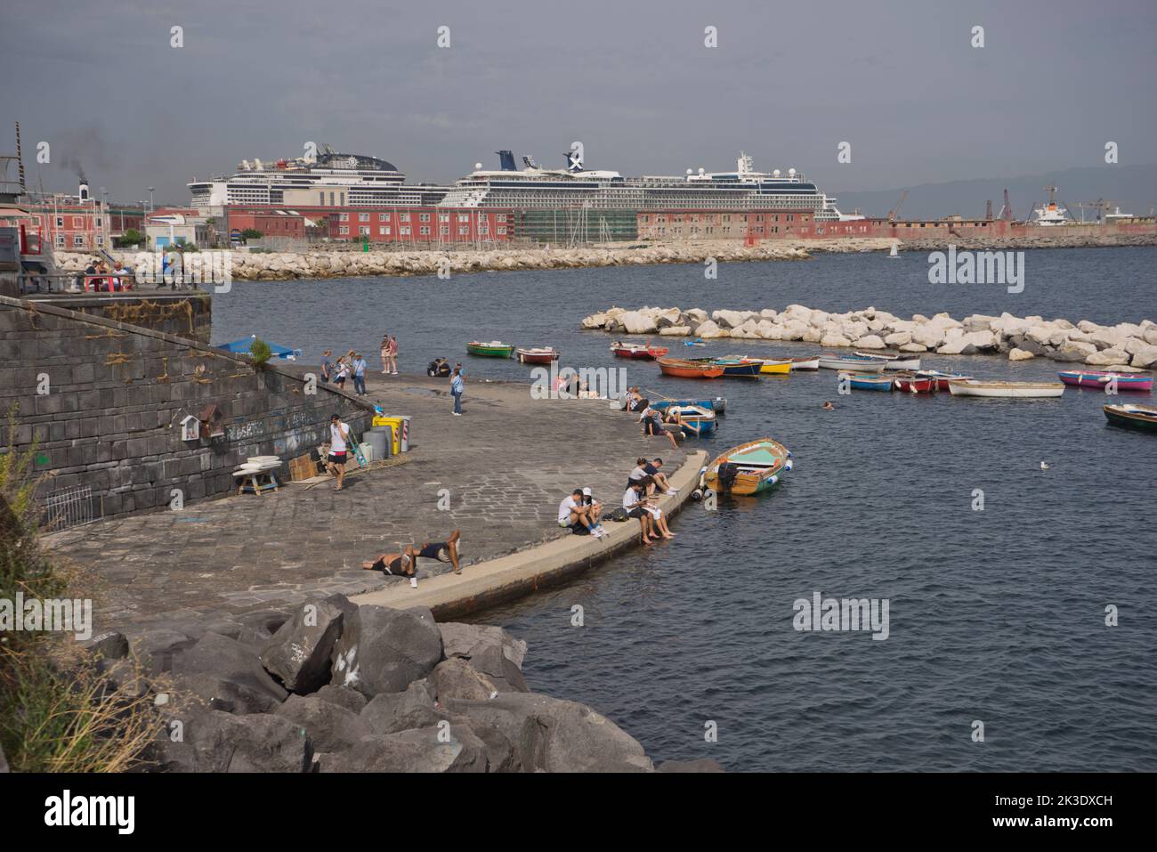 Views of the seafront and cruise terminal by harbour in Naples; Napoli ...