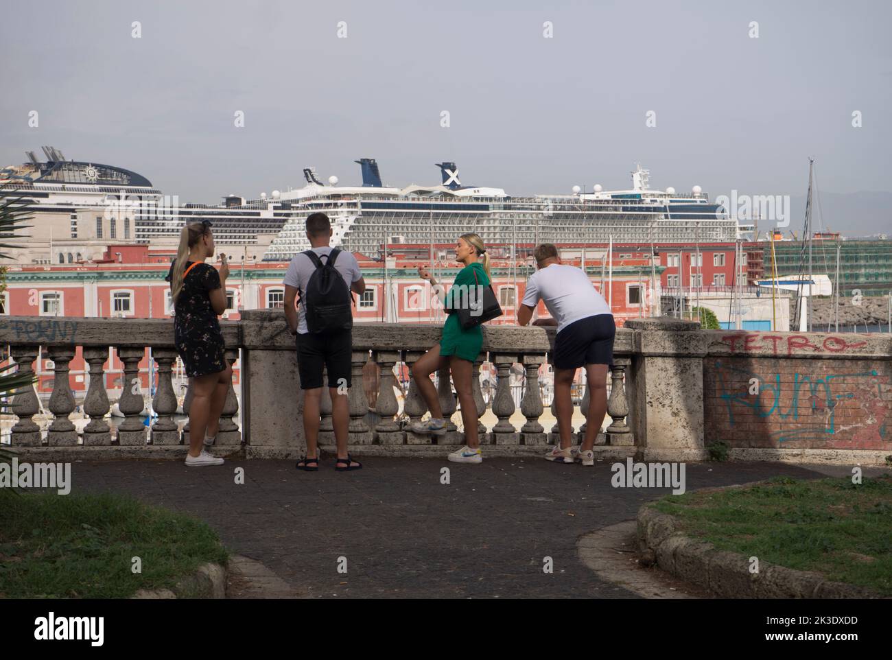 Views of the seafront and cruise terminal by harbour in Naples; Napoli ...