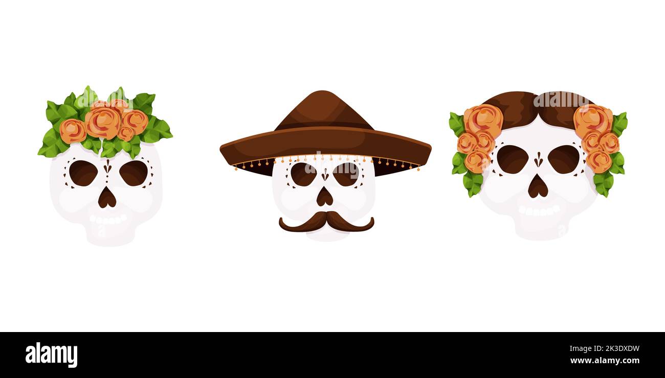Set Dead day, skulls decorated with traditional flowers, hat, mask ...