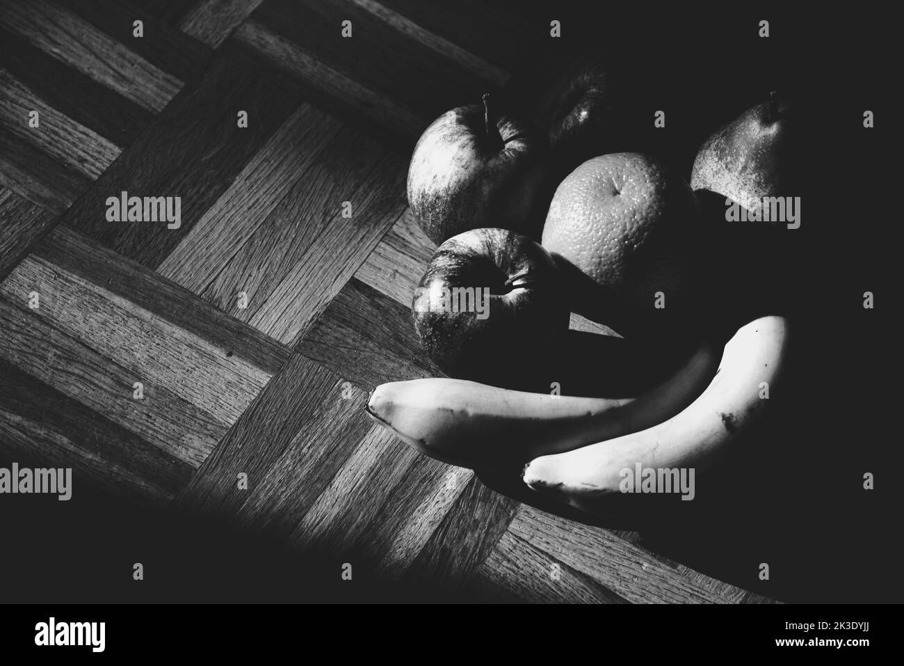 Still life with organic apples, pear, orange banana ripe fruits on ...