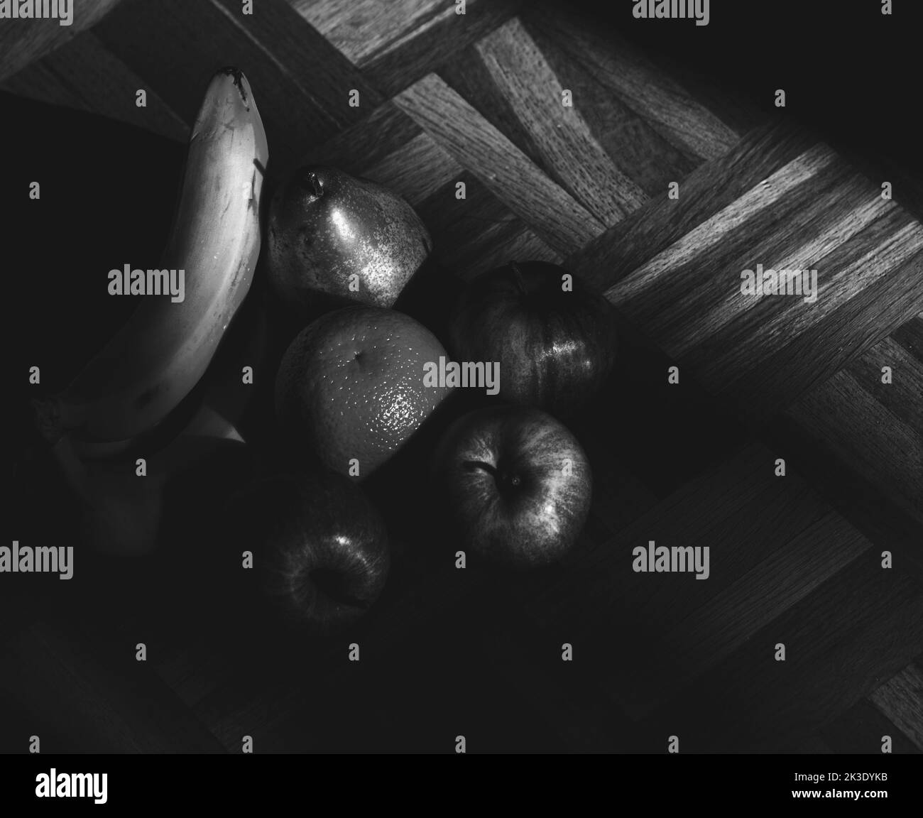 Still life with organic apples, pear, orange banana ripe fruits on ...