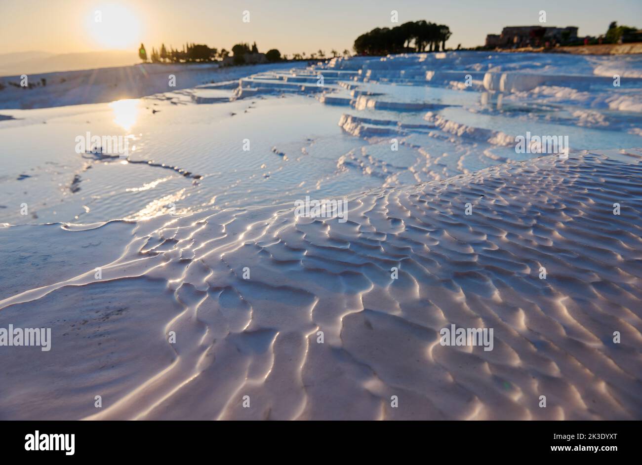 sunset behind Pamukkale travertine terraces, Denizli, Turkey Stock ...