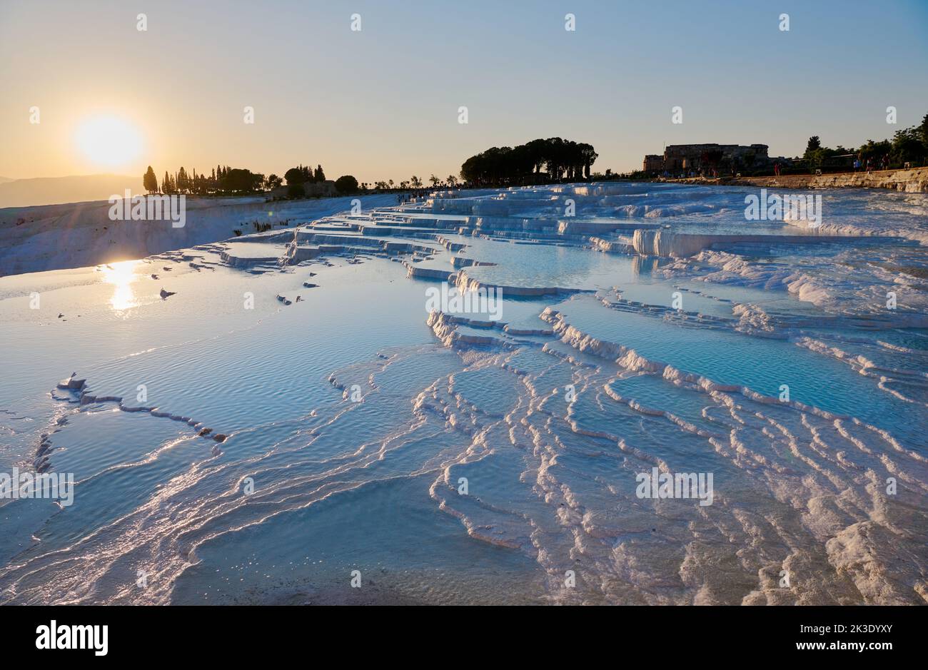 sunset behind Pamukkale travertine terraces, Denizli, Turkey Stock ...