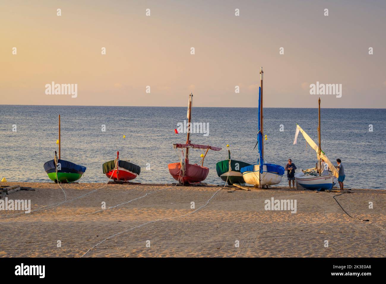Boats in front of the Mediterranean Sea on the beach of Sant Pol de Mar ...