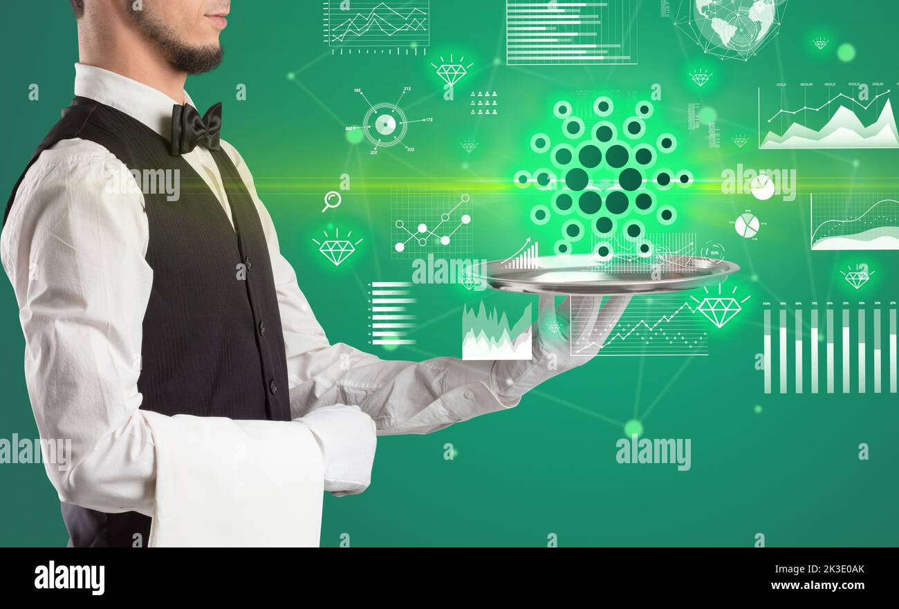 Handsome young waiter in tuxedo holding currency icons on tray Stock ...
