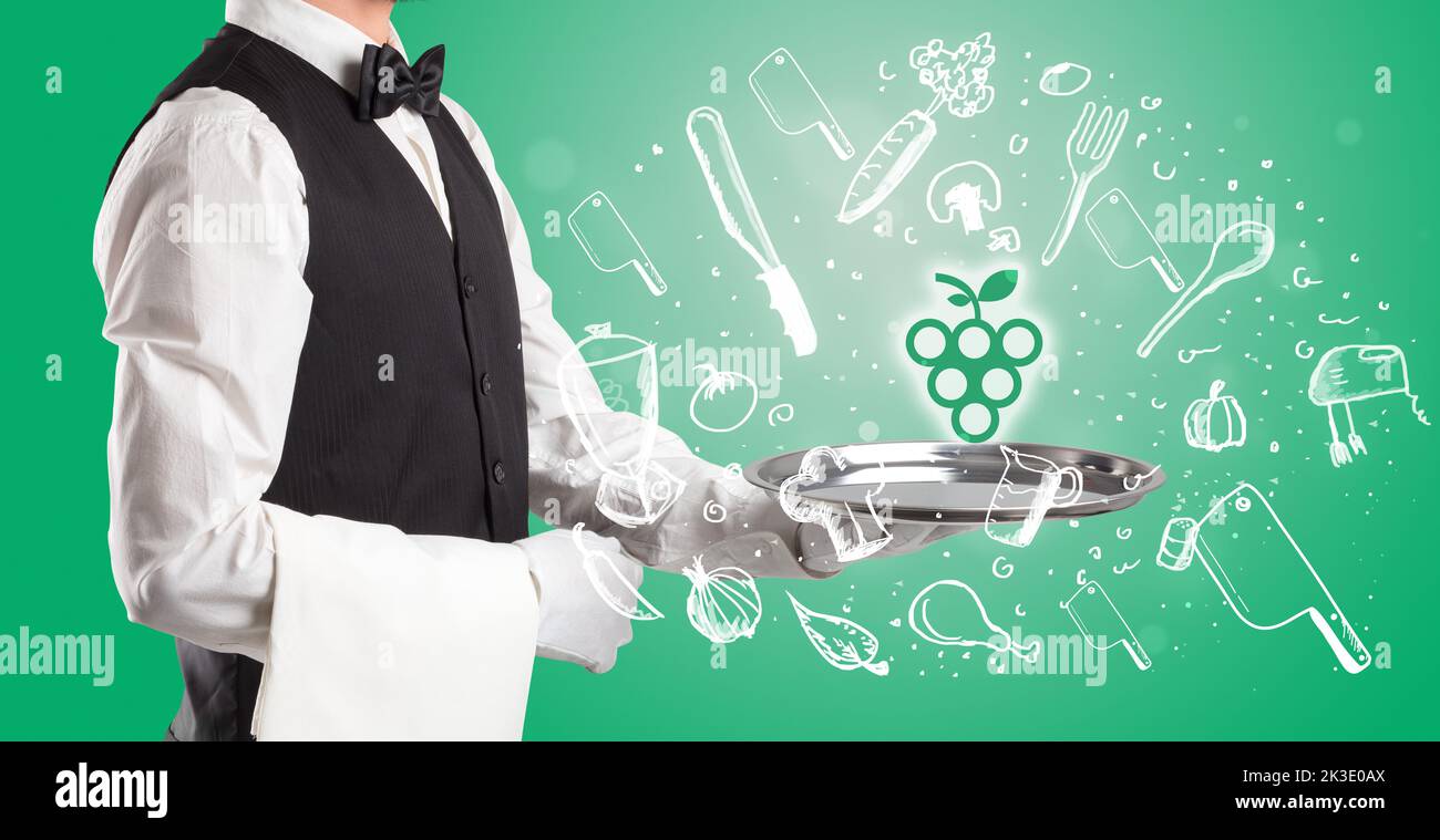 Waiter holding silver tray with food icons above Stock Photo - Alamy
