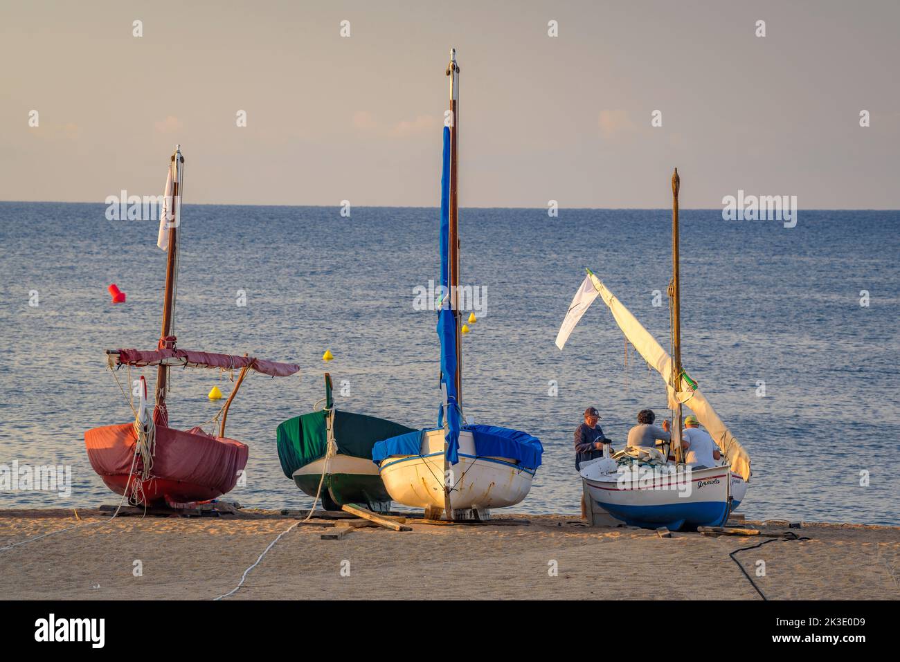 Boats in front of the Mediterranean Sea on the beach of Sant Pol de Mar ...