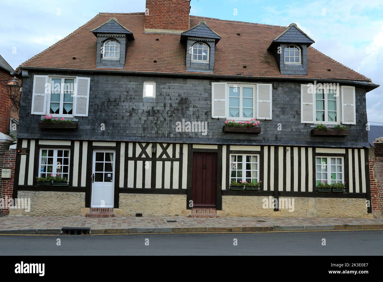 Half timbered colombage building in Rue des Haras, Beuvron en Auge ...