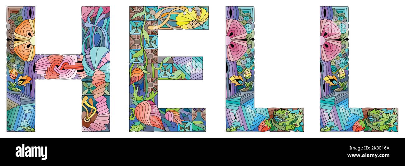 Hand-painted art design. Hand drawn illustration word HELL for t-shirt ...