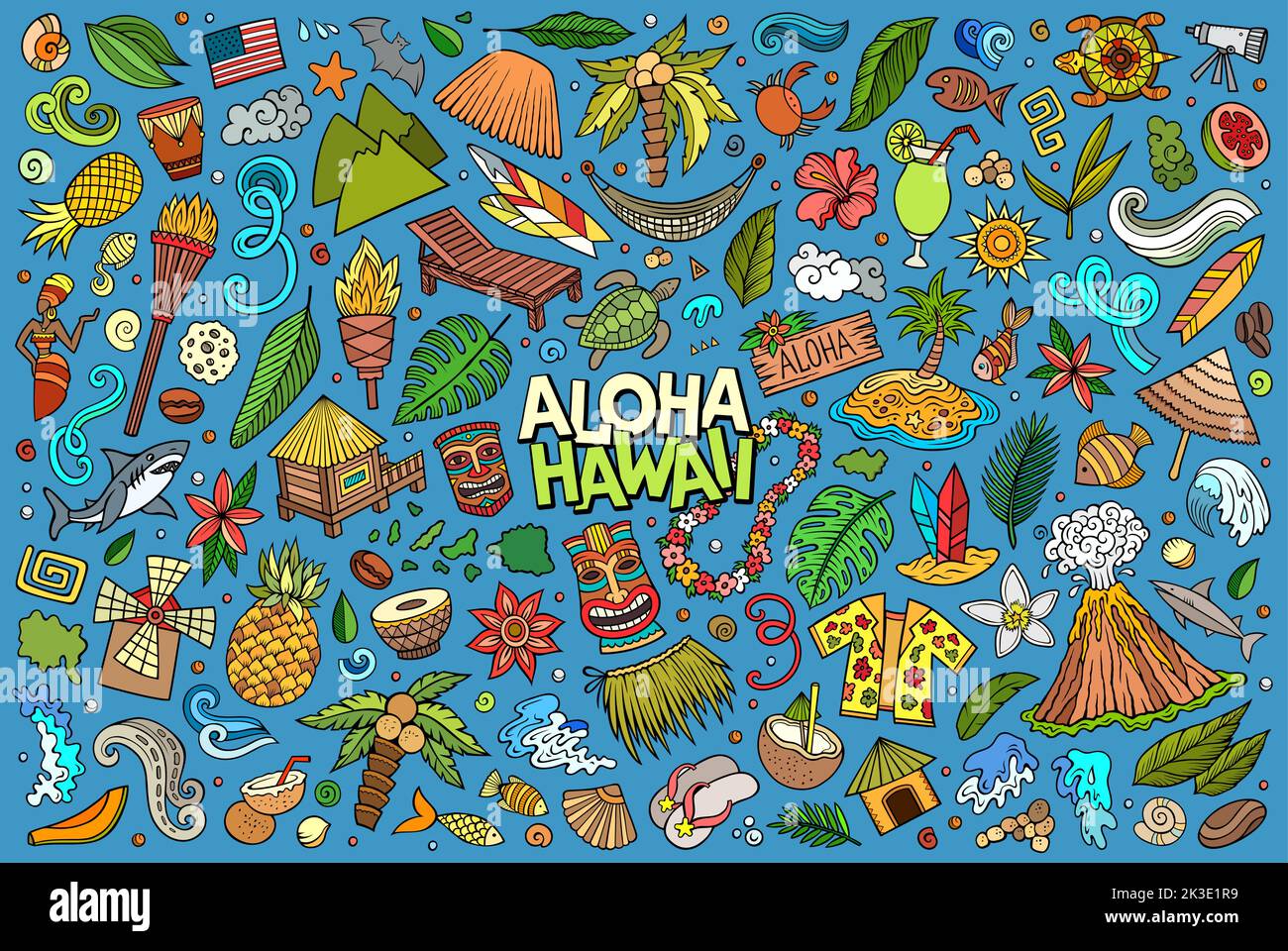 Colorful vector doodle cartoon set of Hawaii objects and symbols Stock ...