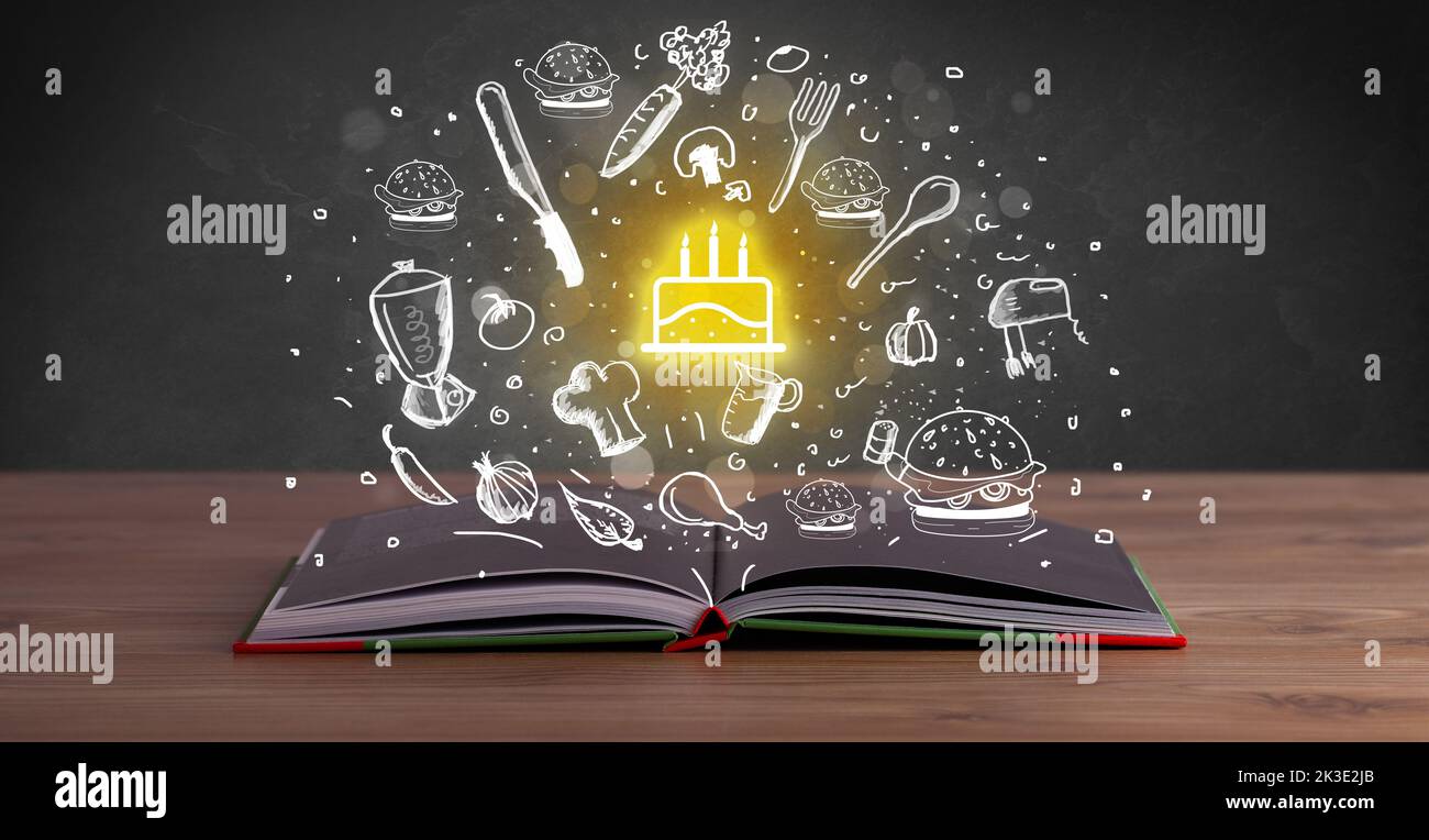 Open recipe book with food related icons above Stock Photo - Alamy