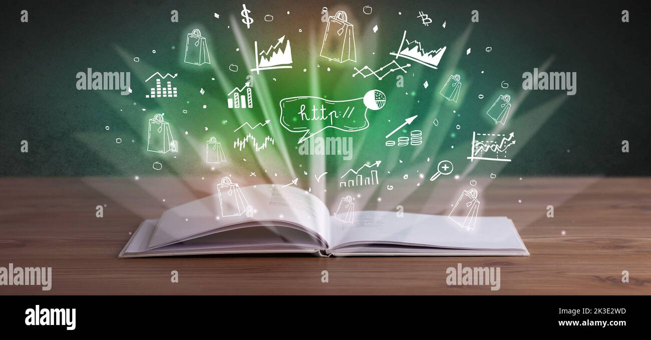 Open book with profit icons above Stock Photo - Alamy