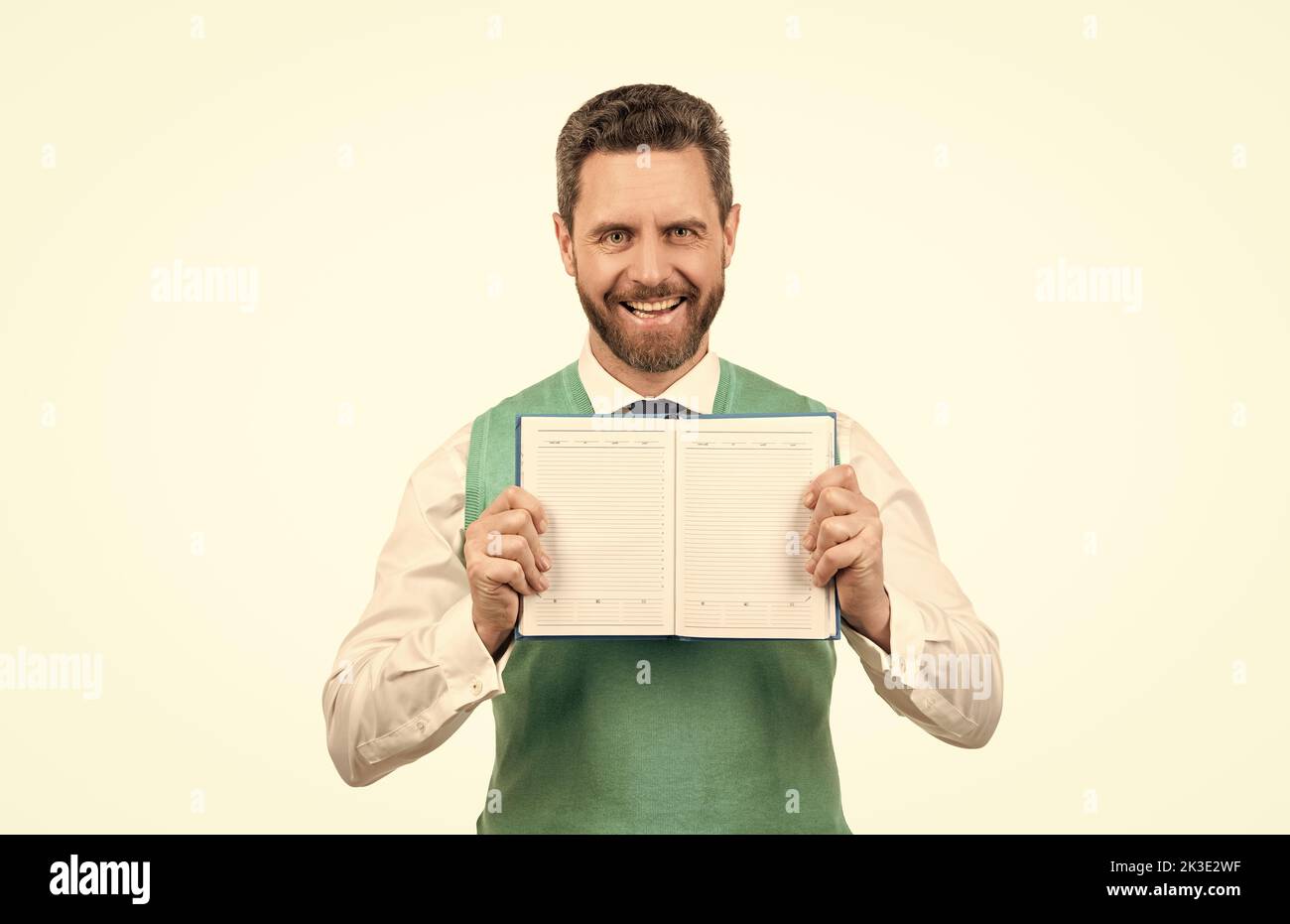 happy man show open book page. boss ready to examine business report ...