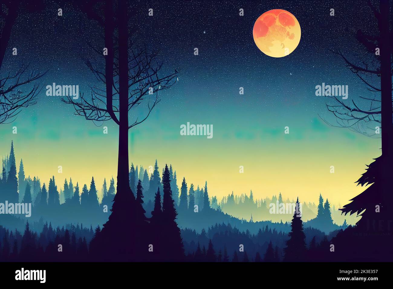 Silhouette mystical magic forest landscape in the moonlight. Silhouette ...