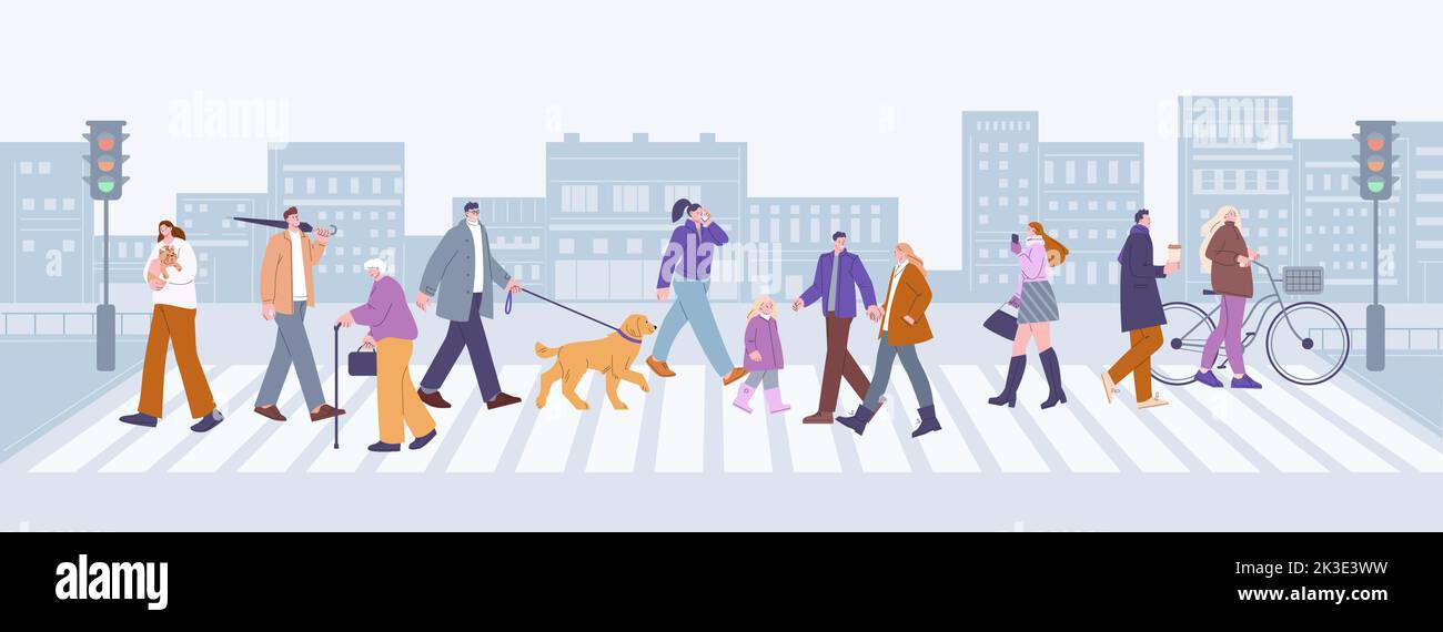 People walking on crosswalk street. Modern populated city and crowd. Business person, kids and ...