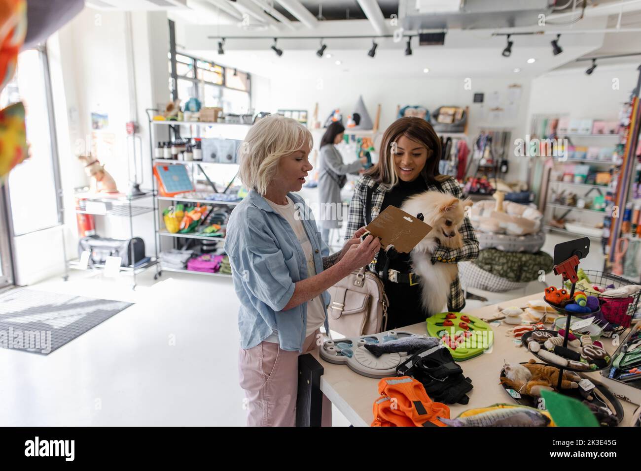 Worker helping woman with dog shopping in boutique pet store Stock ...