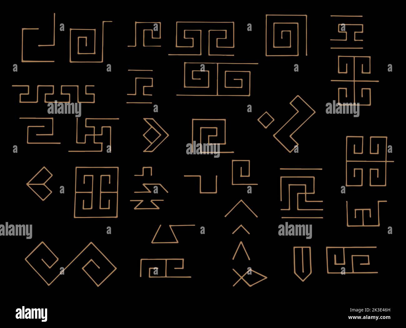 Hand drawn greek motives vector golden symbols set. on black background ...