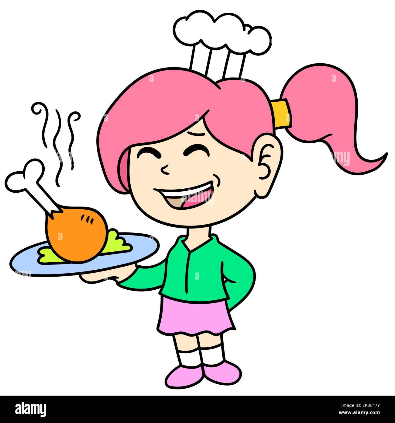 A colorful vector illustration of a cook girl serving a chicken dish ...