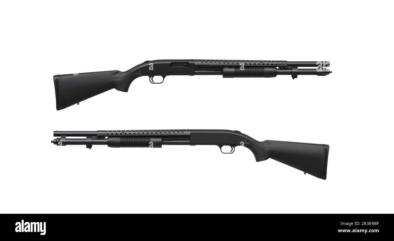 Pump-action 12 gauge shotgun isolated on a white background. Additional ...