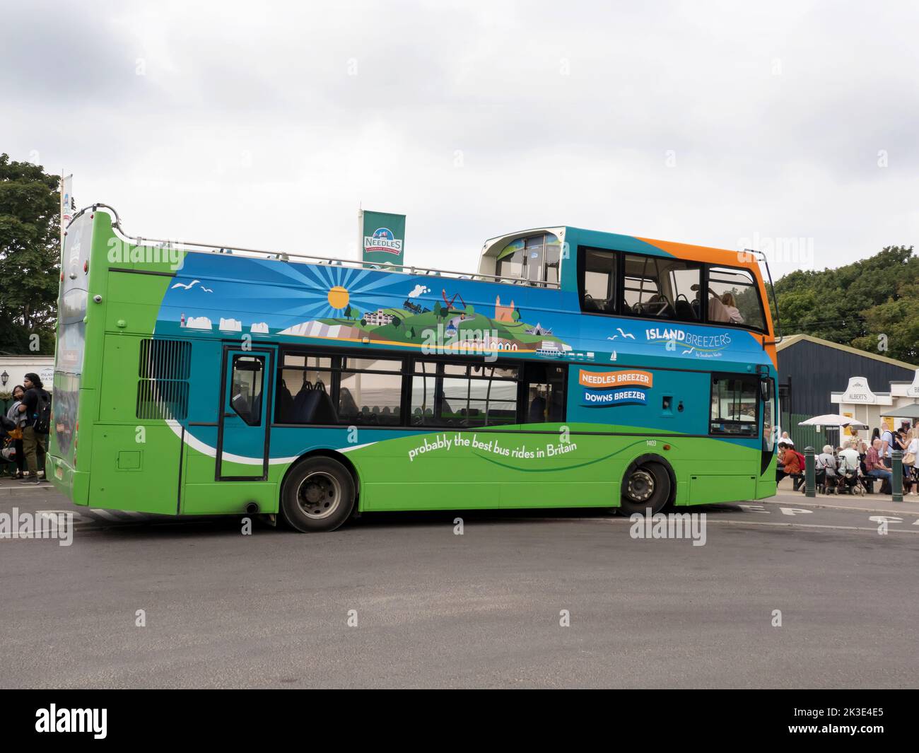 An open topped bus at the Needles tourist attraction, on the west tip ...