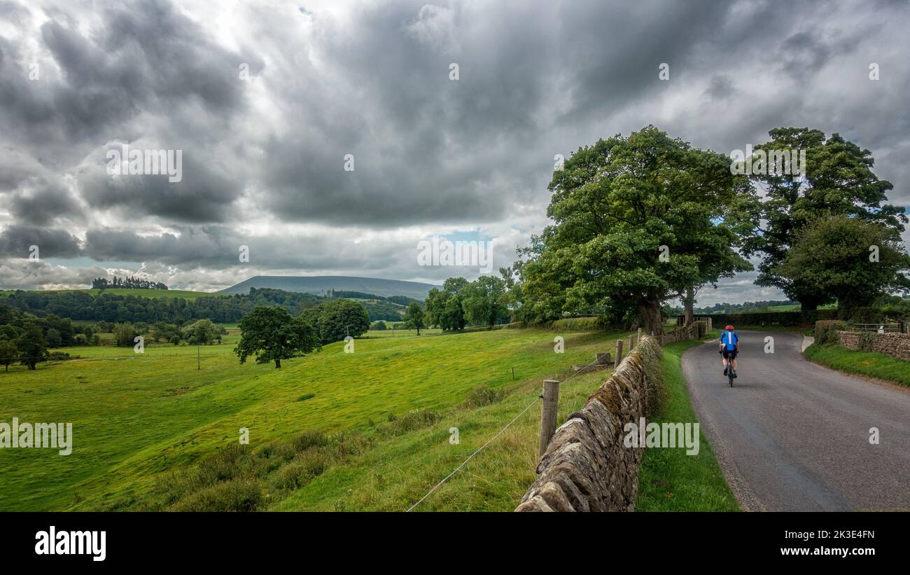 Cyclist cycling along a country road in the Ribble Valley with Pendle ...