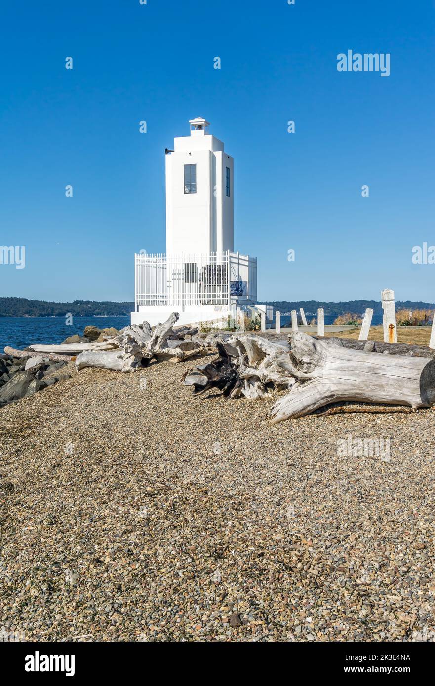 The lighthouse near the water at Brown's Point, Washington Stock Photo ...