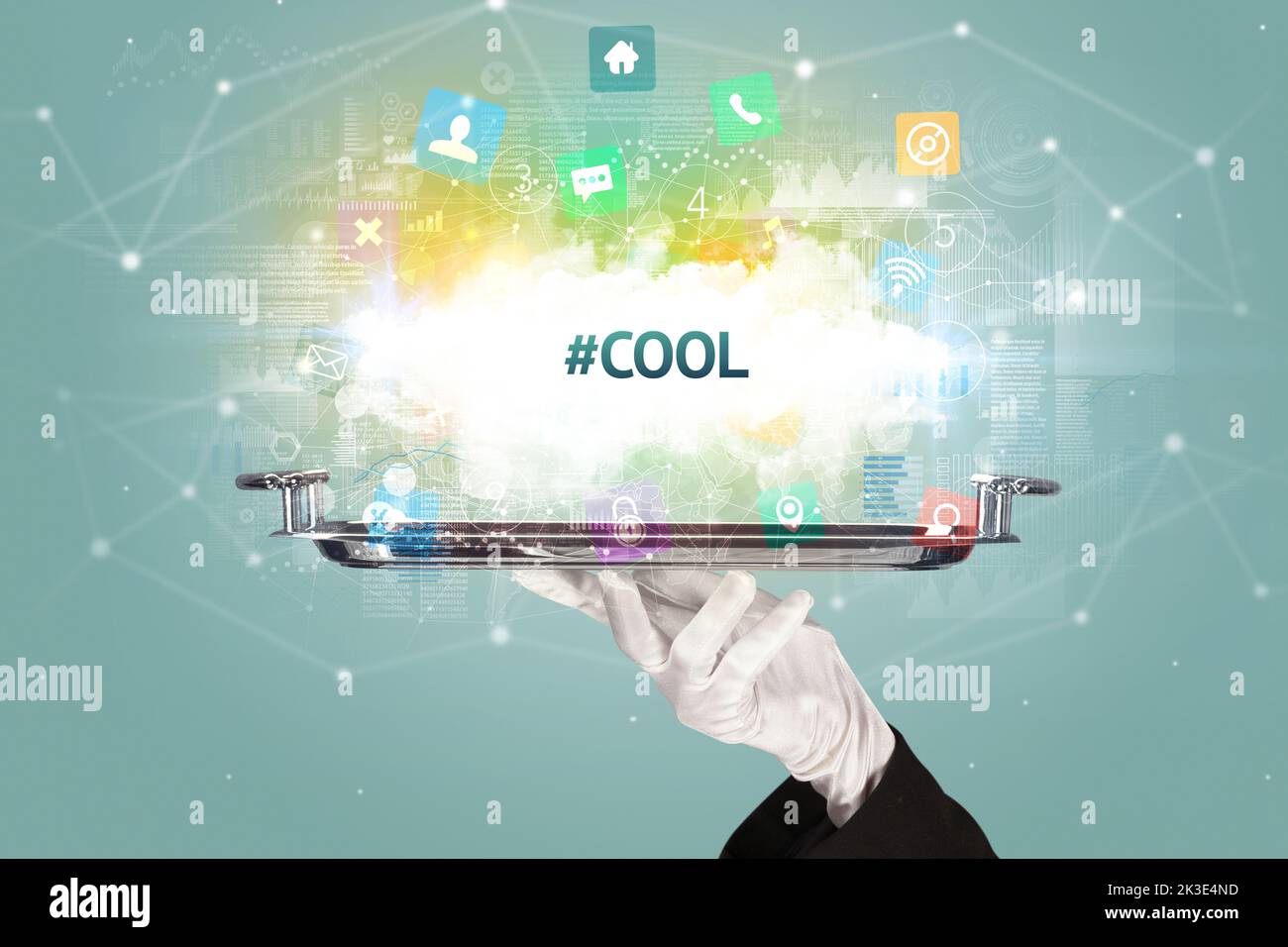 Waiter serving social networking concept Stock Photo - Alamy