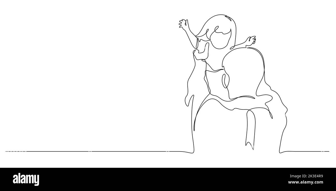 father with daughter in hands up in the air in continuous line drawing ...