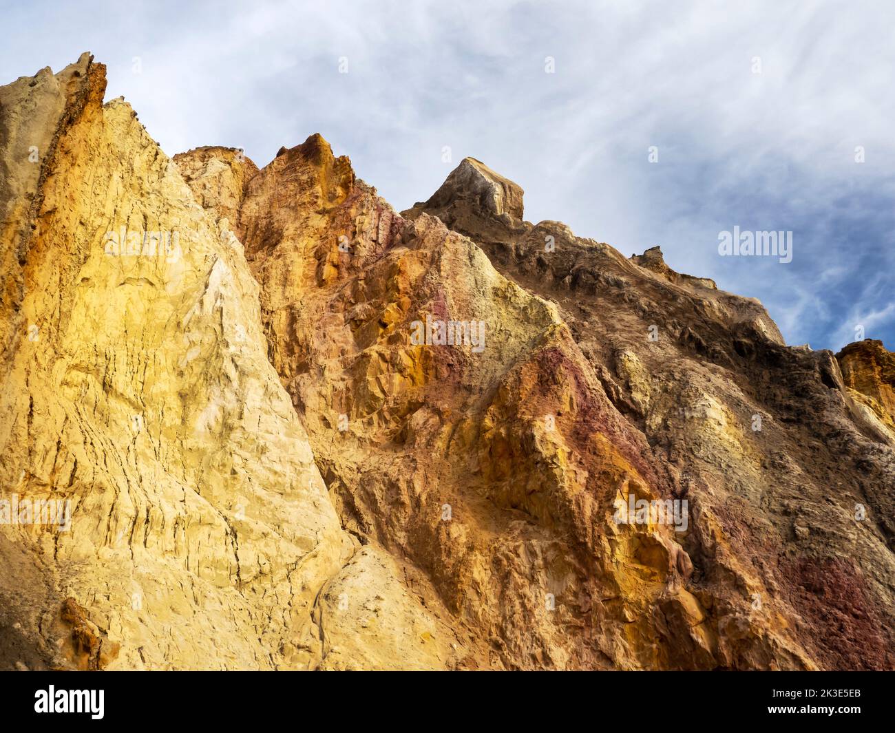 The famous multi coloured sandstone sea cliffs at Alum bay on the Isle ...
