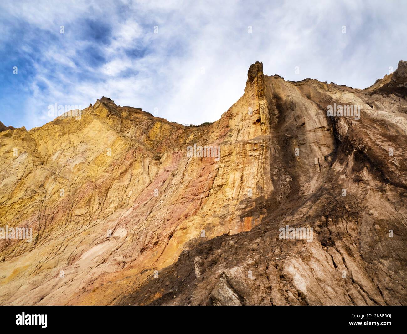 The famous multi coloured sandstone sea cliffs at Alum bay on the Isle ...