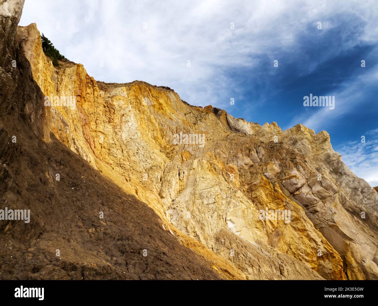 The famous multi coloured sandstone sea cliffs at Alum bay on the Isle ...